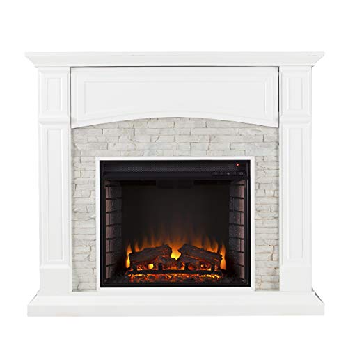 Seneca Electric Media Fireplace - White w/White Faux Stone