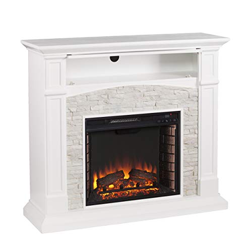 Seneca Electric Media Fireplace - White w/White Faux Stone