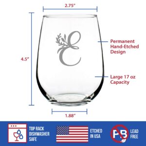 Monogram Floral Letter E - Stemless Wine Glass - Personalized Gifts for Women and Men - Large Engraved Glasses