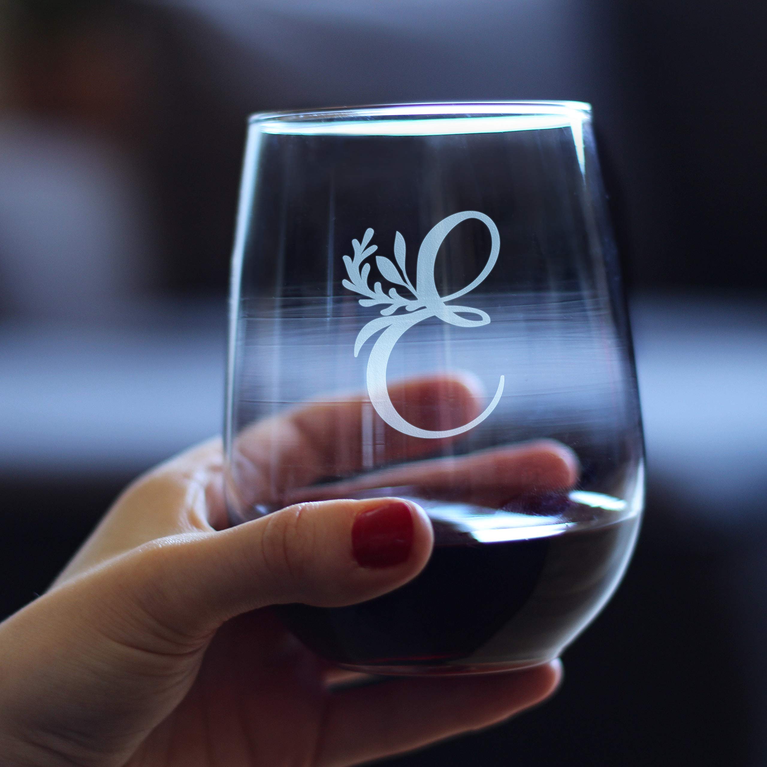 Monogram Floral Letter E - Stemless Wine Glass - Personalized Gifts for Women and Men - Large Engraved Glasses