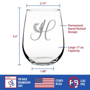 Monogram Floral Letter H - Stemless Wine Glass - Personalized Gifts for Women and Men - Large Engraved Glasses