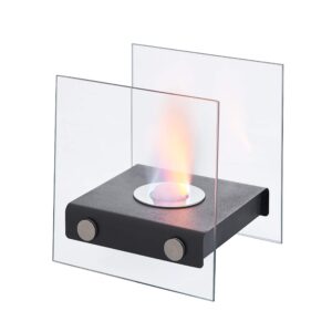 danya b. square tabletop smokeless fireplace with clear glass panels for indoor/outdoor use, ventless, portable, 7.5" h x 6.75" d x 7.5" w, modern matte black metal fire pit, uses bio-ethanol fuel