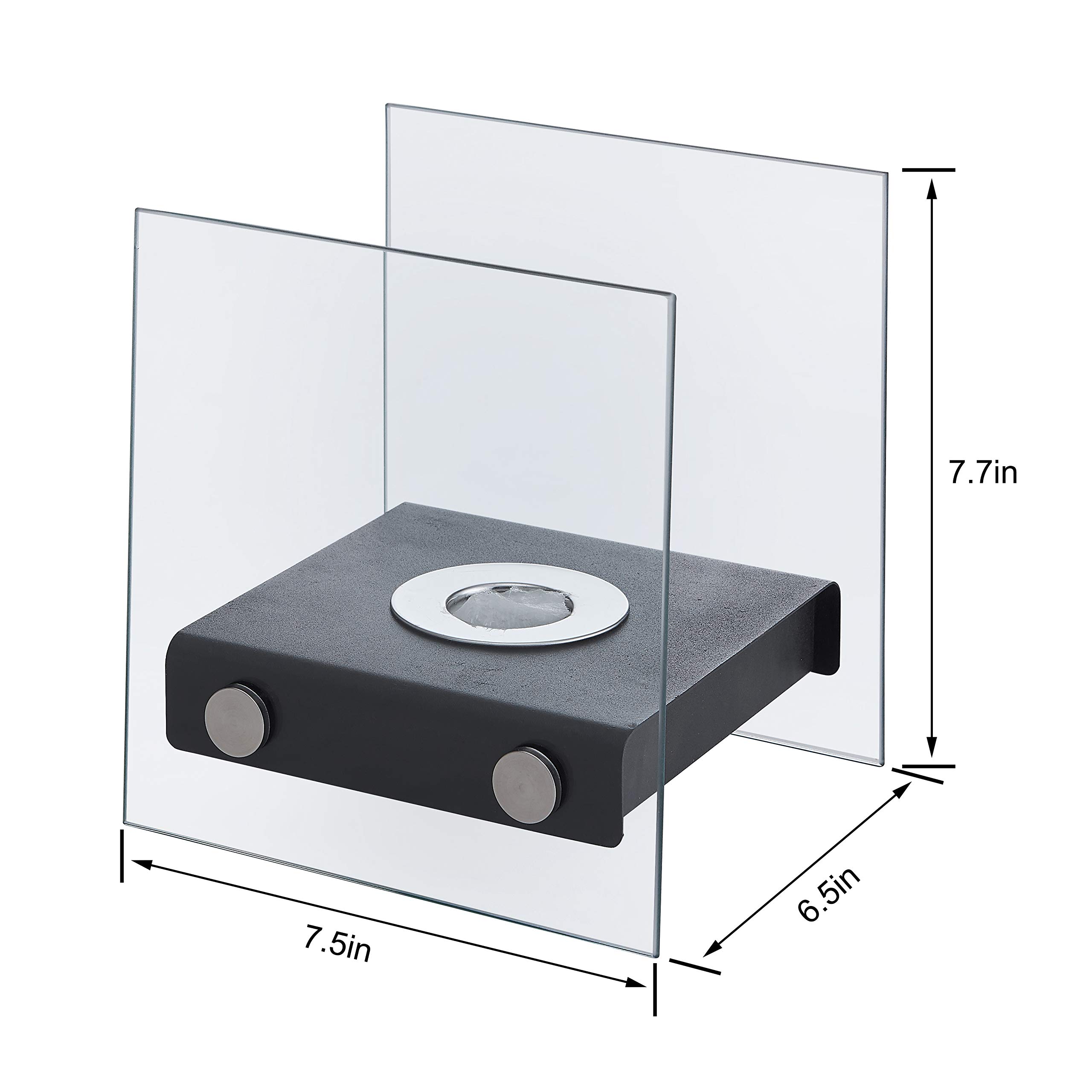 Danya B. Square Tabletop Smokeless Fireplace with Clear Glass Panels for Indoor/Outdoor Use, Ventless, Portable, 7.5" H x 6.75" D x 7.5" W, Modern Matte Black Metal Fire Pit, uses Bio-Ethanol Fuel