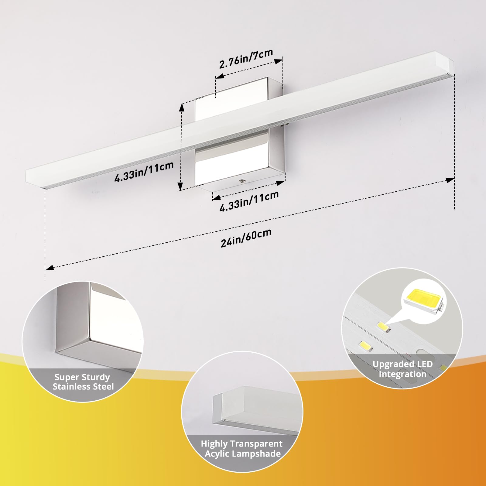 Combuh LED Bathroom Vanity Light Bar 24Inch 14W IP44 Chrome Shining Over Mirror Lighting Fixture Indoor Wall Sconces Modern Bright White 4000K