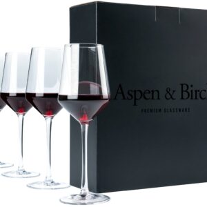 Aspen & Birch - Classic Wine Glasses Set of 4 - Red Wine Glasses or White Wine Glasses, Premium Crystal Stemware, Long Stem Wine Glasses Set, Clear, 15 oz, Hand Blown Glass Crafted by Artisans