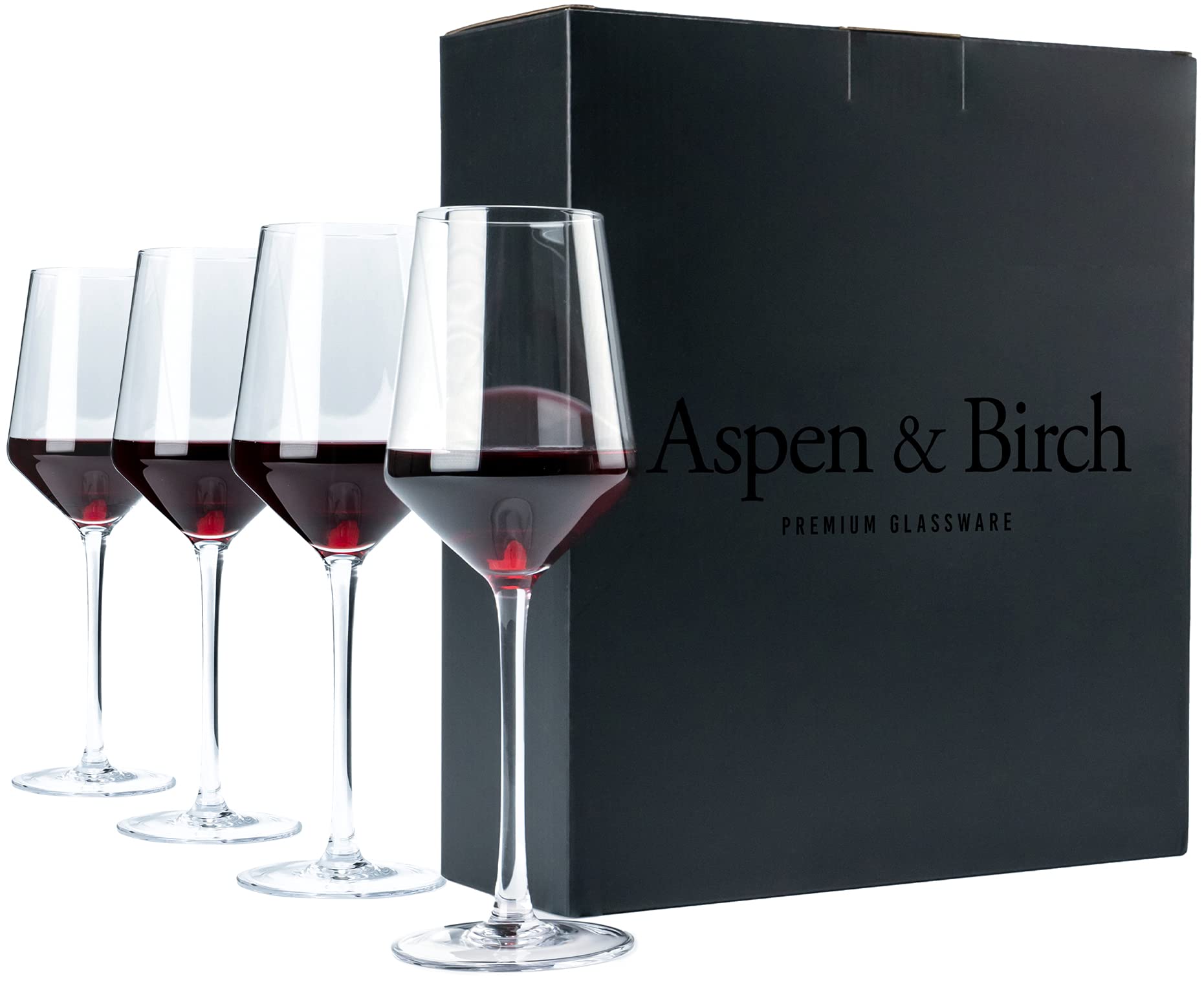 Aspen & Birch - Classic Wine Glasses Set of 4 - Red Wine Glasses or White Wine Glasses, Premium Crystal Stemware, Long Stem Wine Glasses Set, Clear, 15 oz, Hand Blown Glass Crafted by Artisans