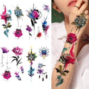 glaryyears watercolor flowers temporary tattoo for women girls, long lasting realistic fake temp tattoos stickers, 10 pack henna large big makeup on adults body sleeve arm neck chest wrist waterproof