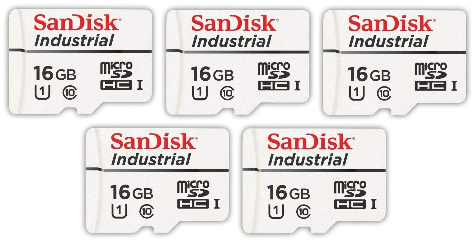 SanDisk Industrial 16GB Micro SD Memory Card Class 10 UHS-I MicroSDHC (Bulk 5 Pack) in Cases (SDSDQAF3-016G-I) Bundle with (1) Everything But Stromboli Card Reader