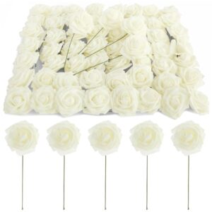 bright creations 60 pack white artificial roses with stems, fake faux flowers heads bulk for wedding bouquets diy & bridal shower, cream, 3 inch