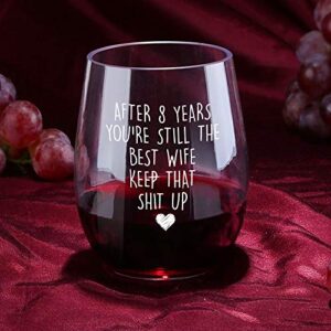 YouNique Designs 8 Years Anniversary Stemless Wine Glass for Her, 15 Ounces, Funny 8th Wedding Anniversary Wine Cup for Wife, Eight Years, Eighth Year