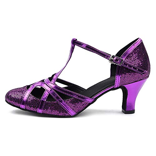 SWDZM Women Glitter Latin Dance Shoes Closed Toe Ballroom Salsa Tango Practice Performence Party Dancing Shoes,2040-Purple-LJS,Heel 2 2/5'',US 9