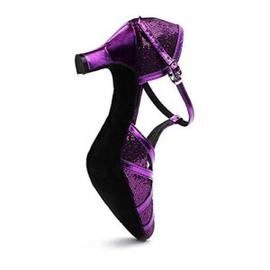 SWDZM Women Glitter Latin Dance Shoes Closed Toe Ballroom Salsa Tango Practice Performence Party Dancing Shoes,2040-Purple-LJS,Heel 2 2/5'',US 9