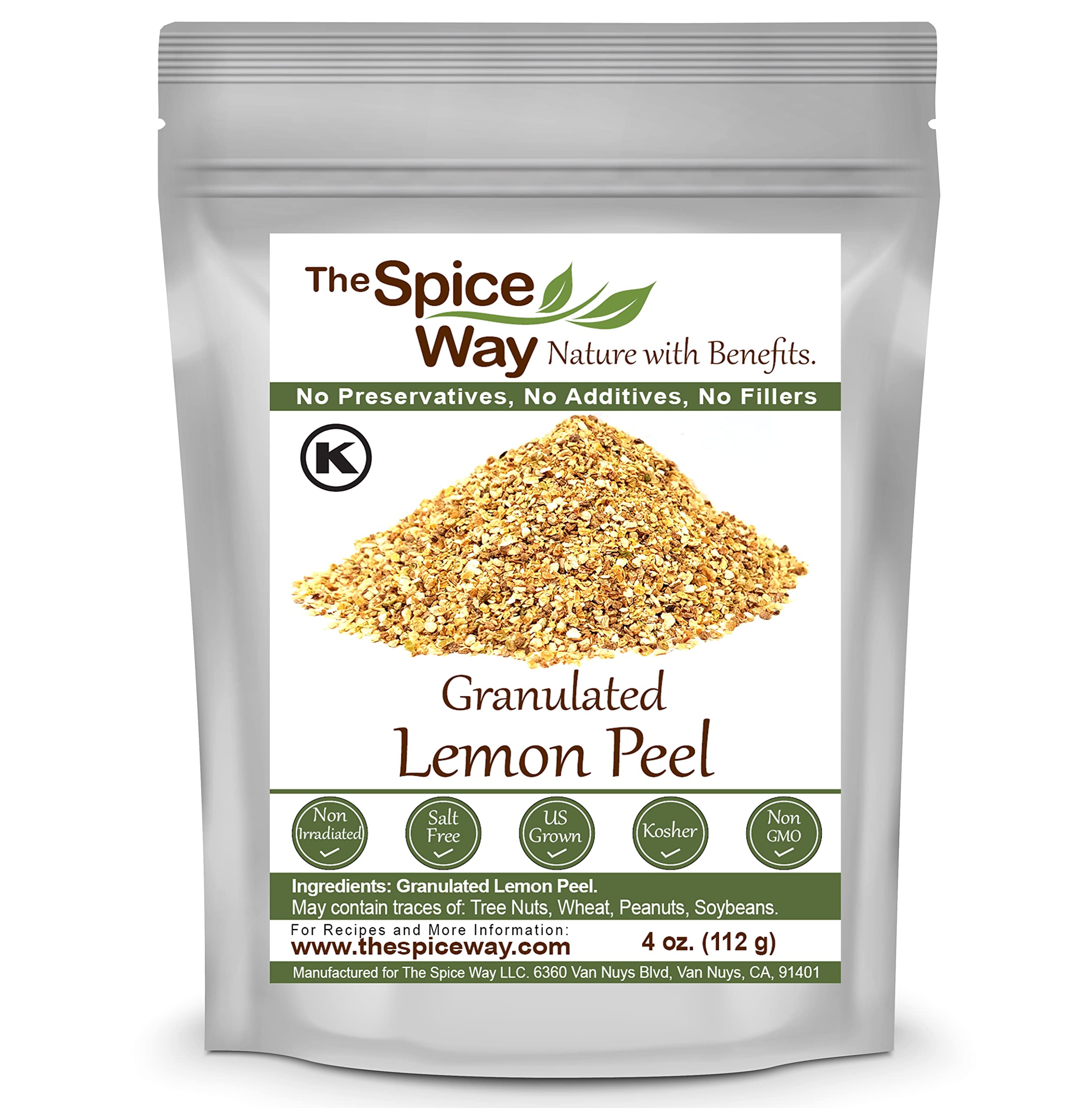 The Spice Way Lemon Peel - Granules (4 oz) zest and rind without any preservatives. Great for cooking, baking and tea.