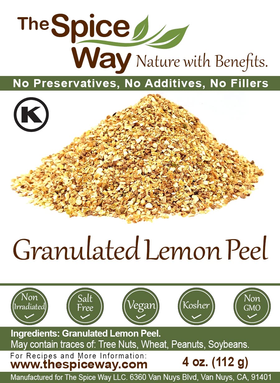 The Spice Way Lemon Peel - Granules (4 oz) zest and rind without any preservatives. Great for cooking, baking and tea.