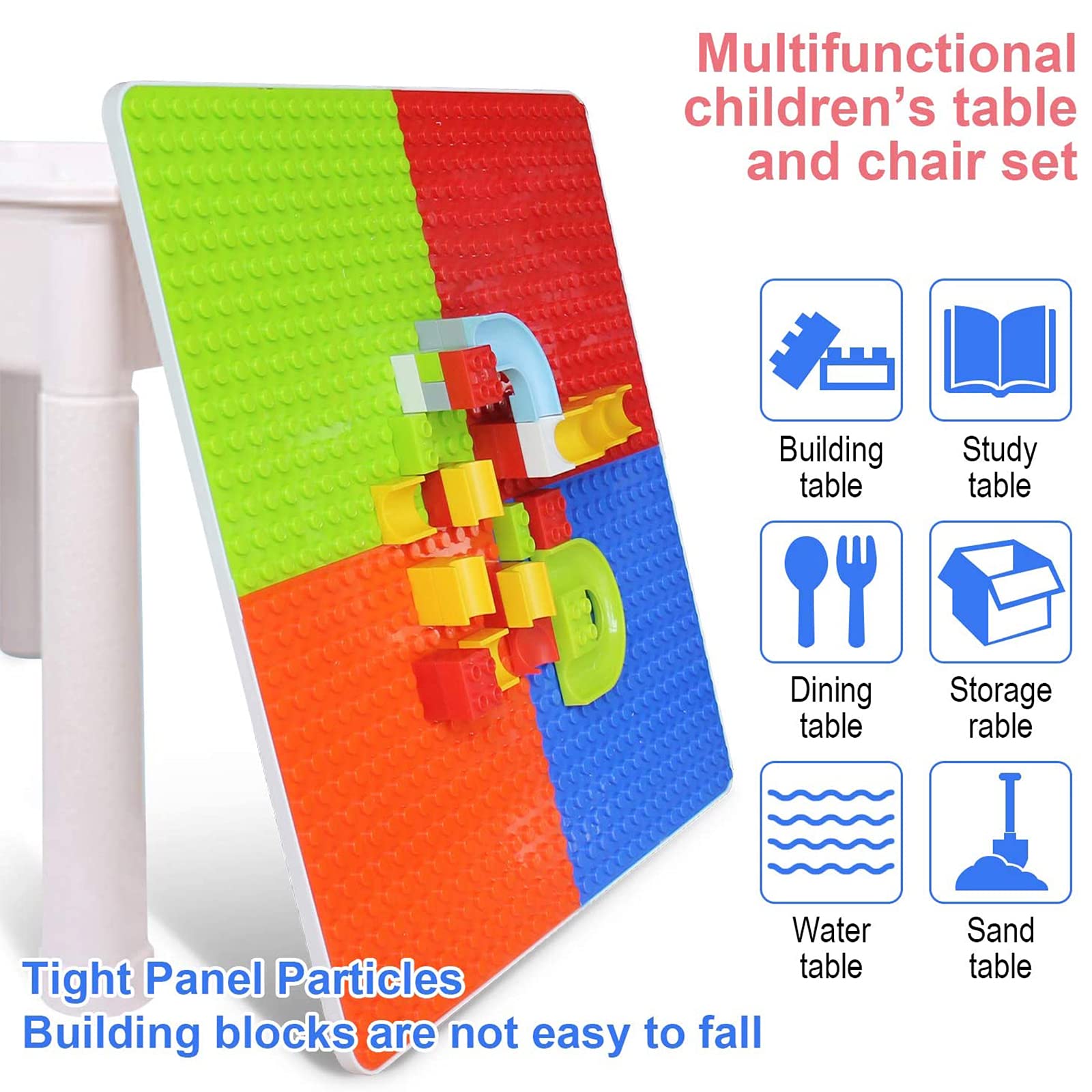 Glaf Toddler Table and Chair Set 7 in 1 Kids Multi Activity Table with 2 Chairs and 120 Pieces Large Building Block with Storage Play Water Compatible for Boys Girls (Classic, 20 Inches)