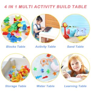 Glaf Toddler Table and Chair Set 7 in 1 Kids Multi Activity Table with 2 Chairs and 120 Pieces Large Building Block with Storage Play Water Compatible for Boys Girls (Classic, 20 Inches)