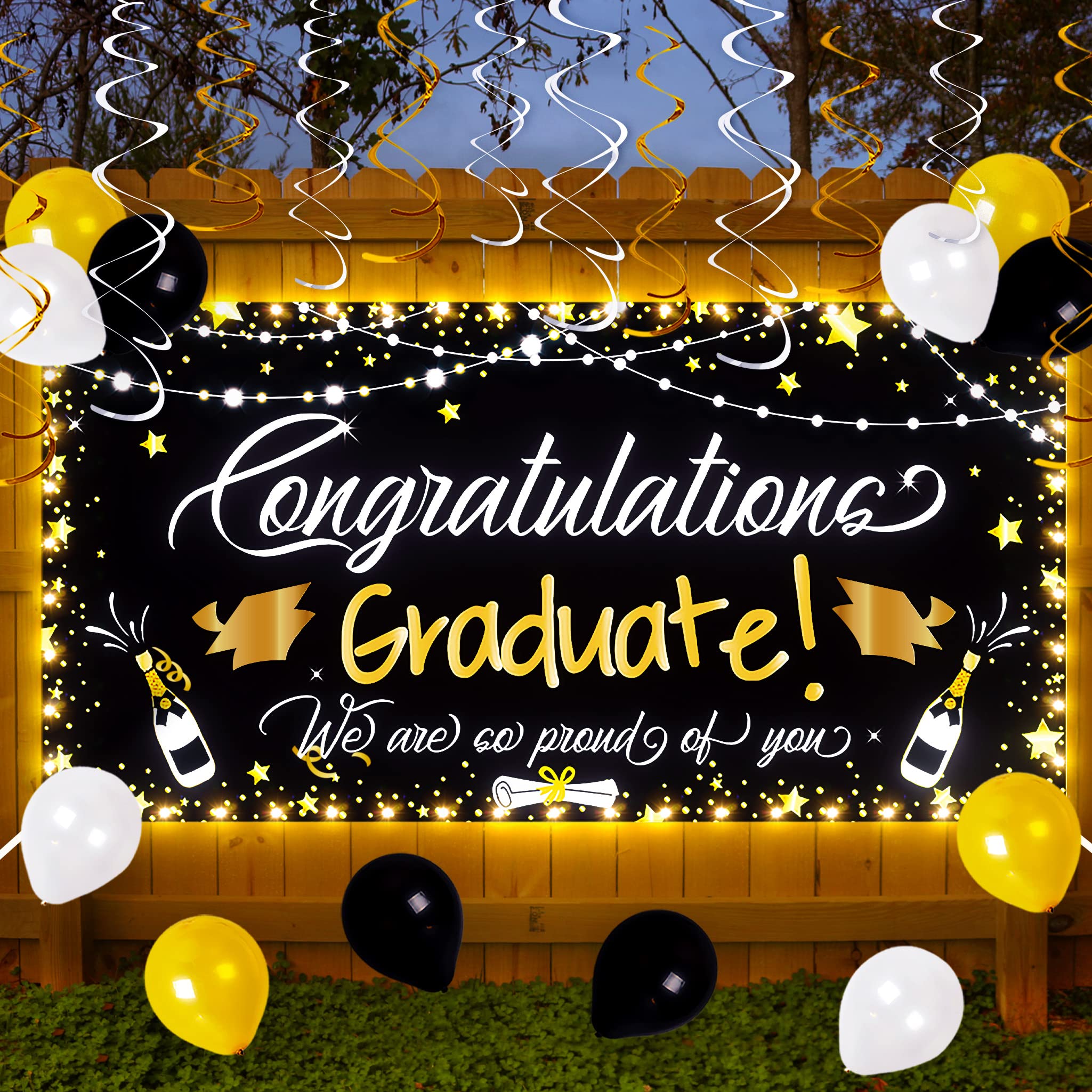 Graduation Decorations Class of 2024 - Lighted Large Congrats Grad Banner Garland Photo Backdrop+Balloons+Hanging Swirls Party Supplies (25PCS, Black, Not Include Battery)