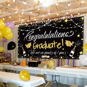 Graduation Decorations Class of 2024 - Lighted Large Congrats Grad Banner Garland Photo Backdrop+Balloons+Hanging Swirls Party Supplies (25PCS, Black, Not Include Battery)