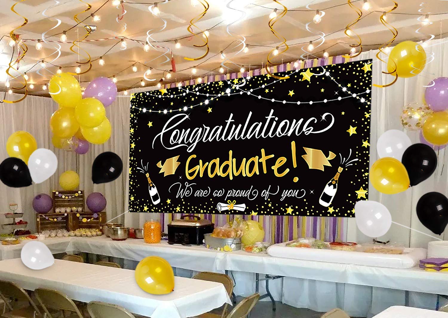 Graduation Decorations Class of 2024 - Lighted Large Congrats Grad Banner Garland Photo Backdrop+Balloons+Hanging Swirls Party Supplies (25PCS, Black, Not Include Battery)