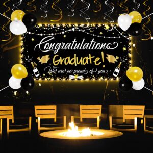 Graduation Decorations Class of 2024 - Lighted Large Congrats Grad Banner Garland Photo Backdrop+Balloons+Hanging Swirls Party Supplies (25PCS, Black, Not Include Battery)