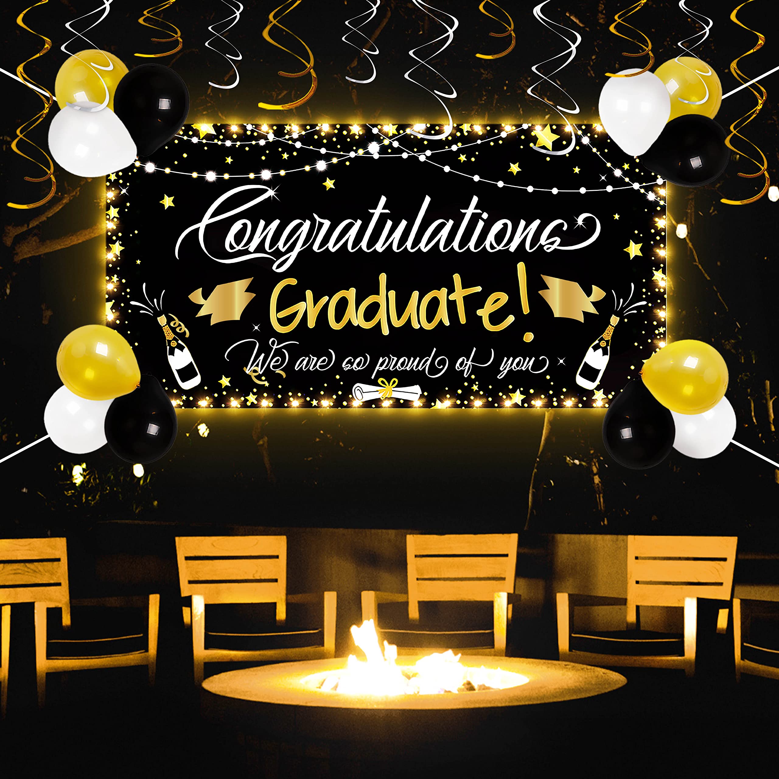 Graduation Decorations Class of 2024 - Lighted Large Congrats Grad Banner Garland Photo Backdrop+Balloons+Hanging Swirls Party Supplies (25PCS, Black, Not Include Battery)