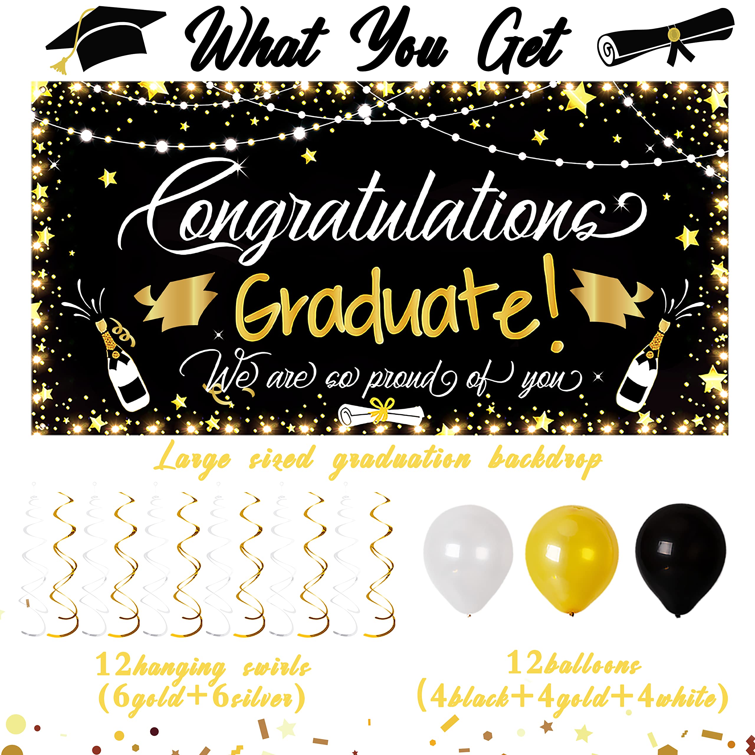 Graduation Decorations Class of 2024 - Lighted Large Congrats Grad Banner Garland Photo Backdrop+Balloons+Hanging Swirls Party Supplies (25PCS, Black, Not Include Battery)