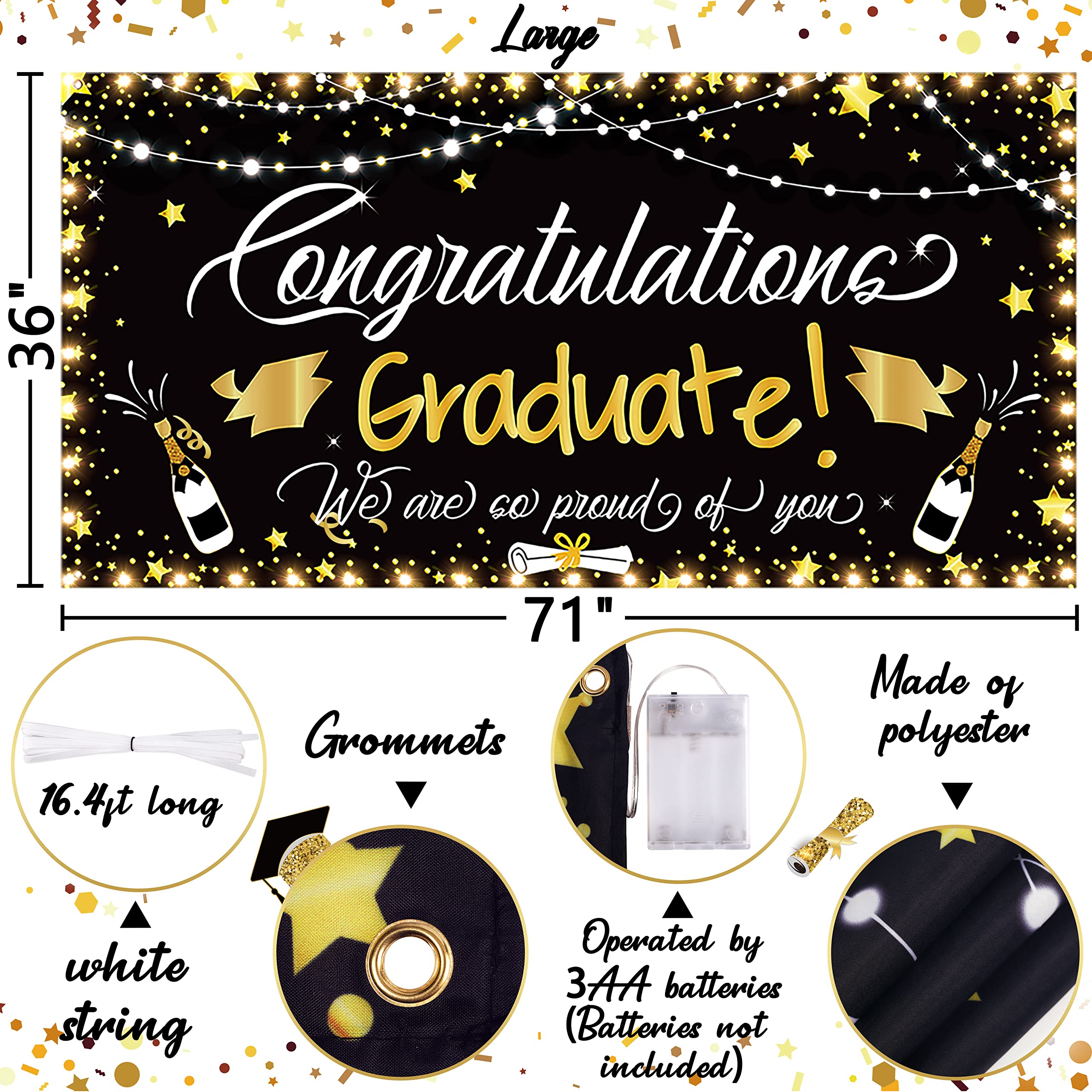 Graduation Decorations Class of 2024 - Lighted Large Congrats Grad Banner Garland Photo Backdrop+Balloons+Hanging Swirls Party Supplies (25PCS, Black, Not Include Battery)