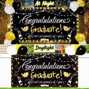 Graduation Decorations Class of 2024 - Lighted Large Congrats Grad Banner Garland Photo Backdrop+Balloons+Hanging Swirls Party Supplies (25PCS, Black, Not Include Battery)