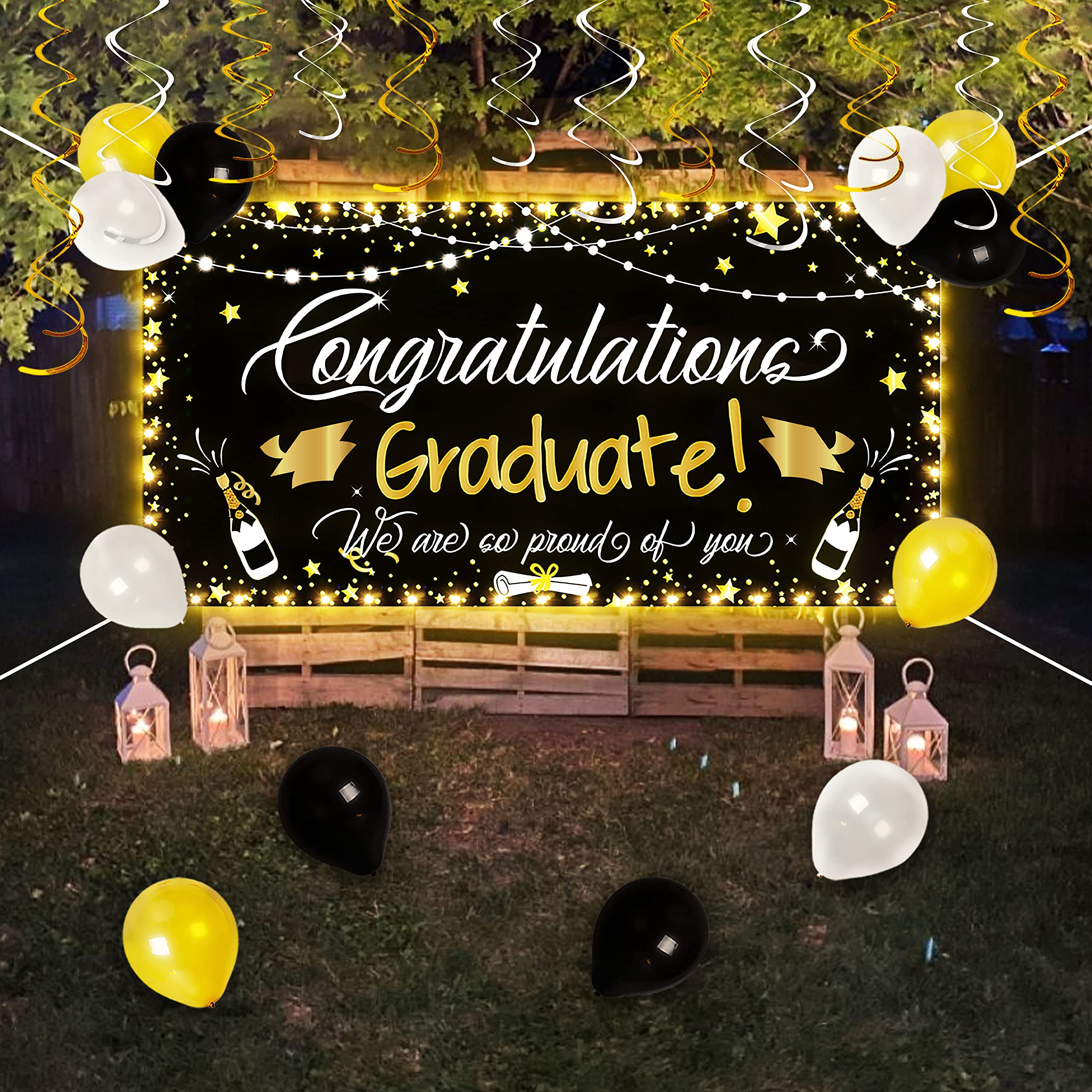 Graduation Decorations Class of 2024 - Lighted Large Congrats Grad Banner Garland Photo Backdrop+Balloons+Hanging Swirls Party Supplies (25PCS, Black, Not Include Battery)