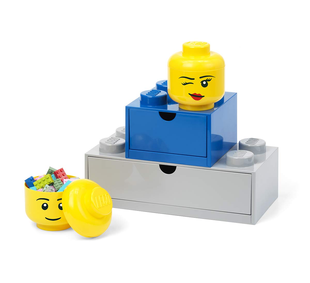 Room Copenhagen, Lego Storage Heads Stackable Storage Container - Buildable Organizational Bins for Kid’s Toys and Accessories - 4.02 x 4.02 x 4.53in - Mini, Silly, Holds 100 Bricks