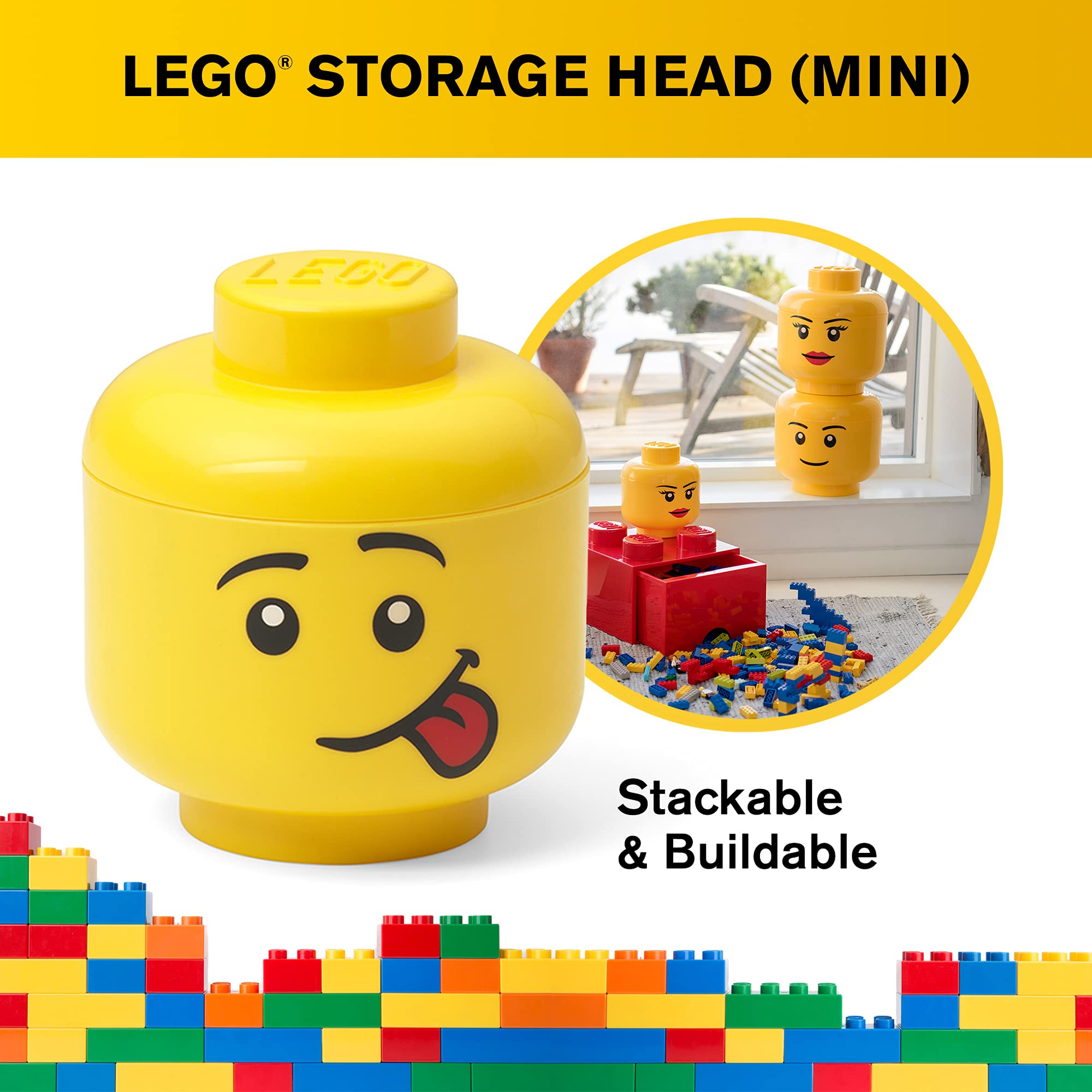 Room Copenhagen, Lego Storage Heads Stackable Storage Container - Buildable Organizational Bins for Kid’s Toys and Accessories - 4.02 x 4.02 x 4.53in - Mini, Silly, Holds 100 Bricks