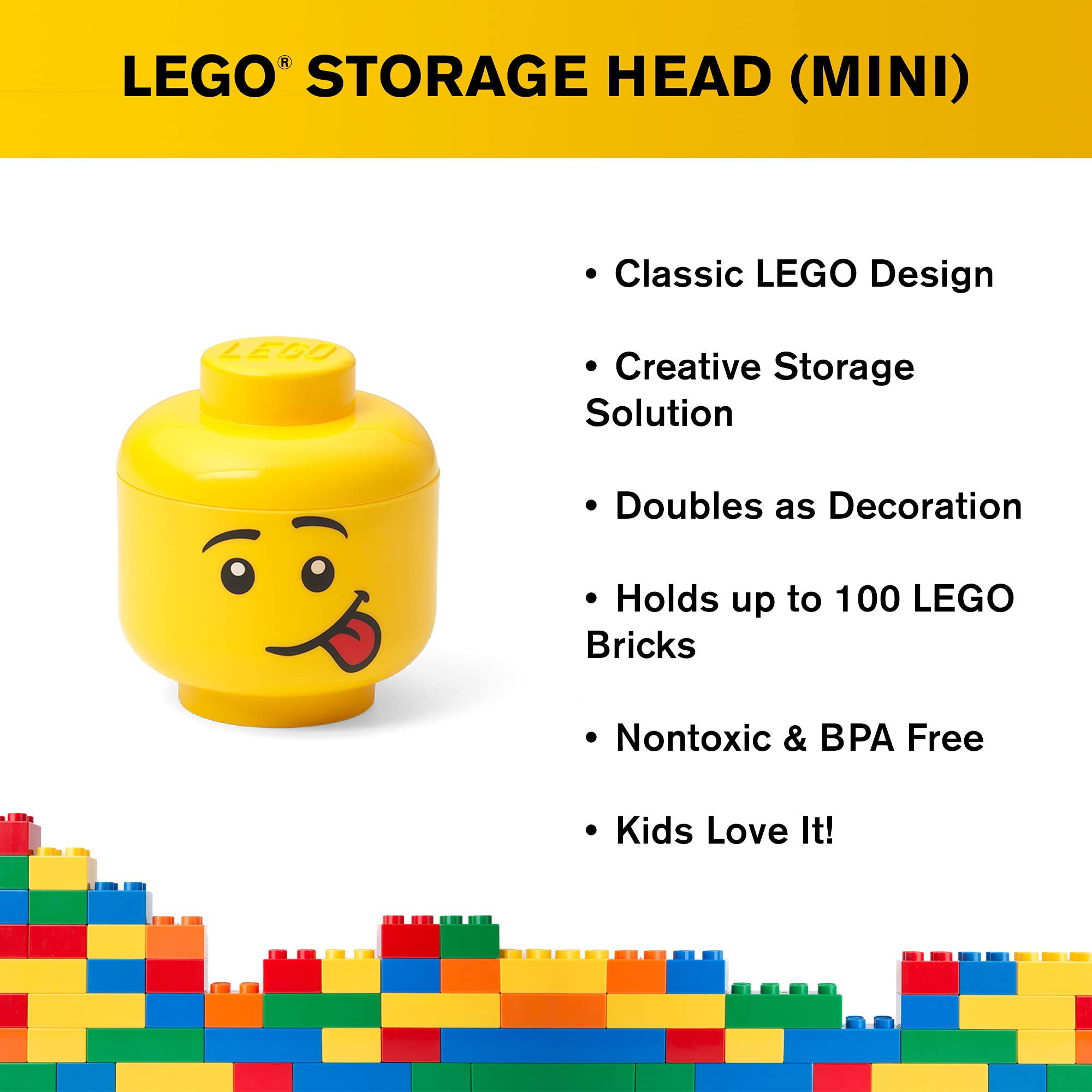 Room Copenhagen, Lego Storage Heads Stackable Storage Container - Buildable Organizational Bins for Kid’s Toys and Accessories - 4.02 x 4.02 x 4.53in - Mini, Silly, Holds 100 Bricks