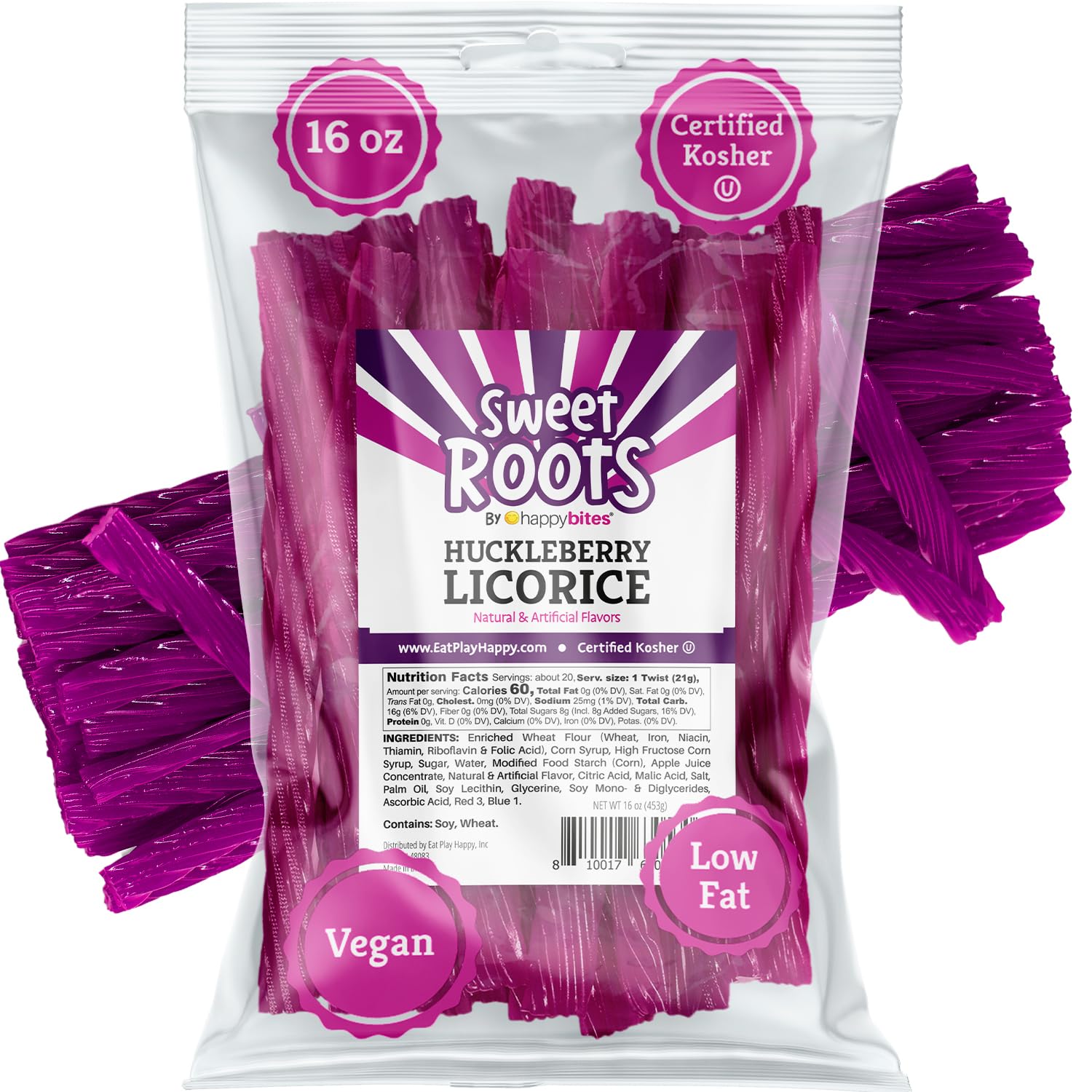 Sweet Roots by Happy Bites Huckleberry Licorice Twists - JUMBO Size - Made with Real Fruit Juice - Certified Kosher - Vegan - Gourmet - Low Fat (16 oz)