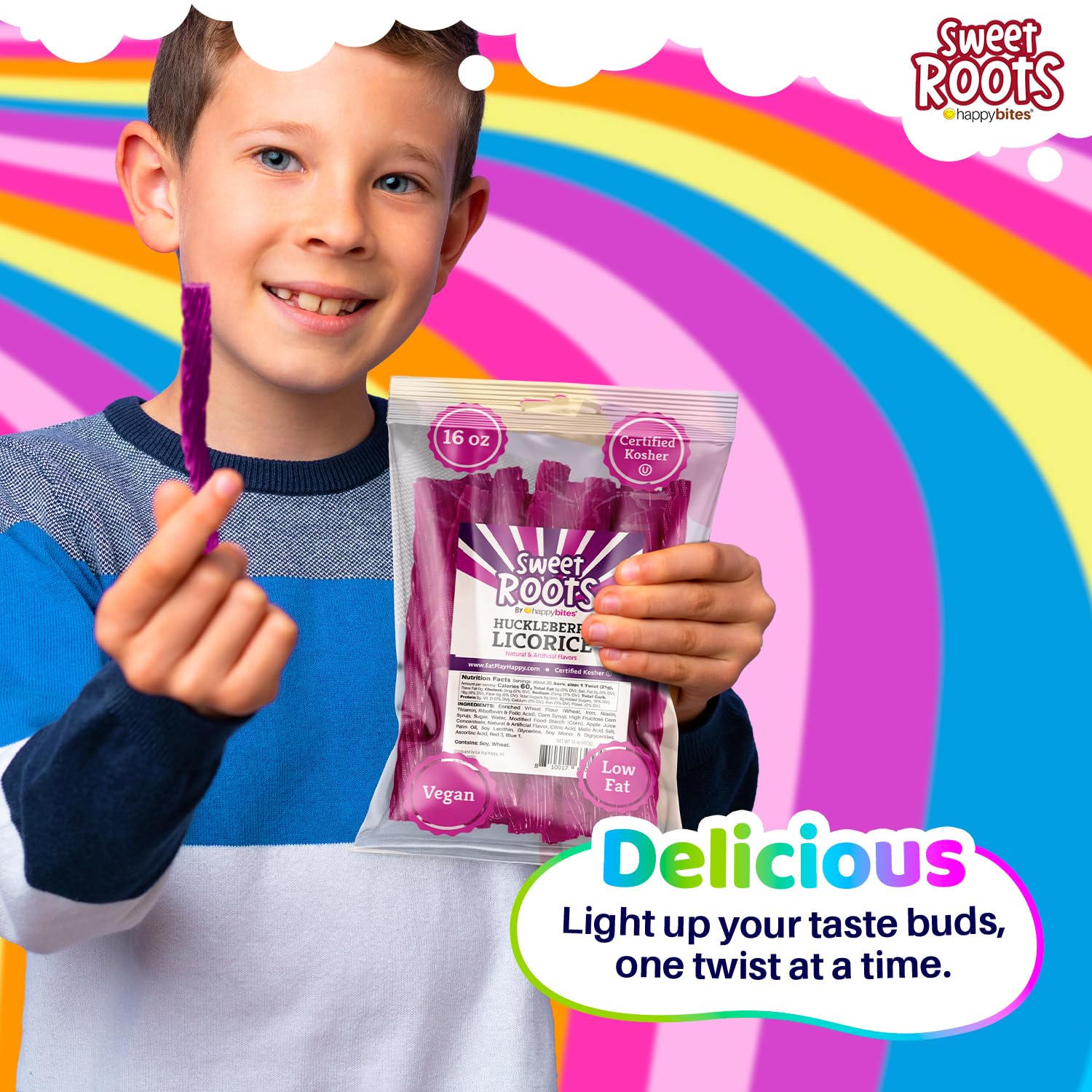 Sweet Roots by Happy Bites Huckleberry Licorice Twists - JUMBO Size - Made with Real Fruit Juice - Certified Kosher - Vegan - Gourmet - Low Fat (16 oz)