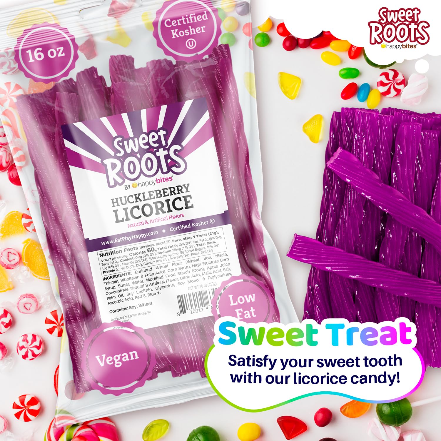 Sweet Roots by Happy Bites Huckleberry Licorice Twists - JUMBO Size - Made with Real Fruit Juice - Certified Kosher - Vegan - Gourmet - Low Fat (16 oz)