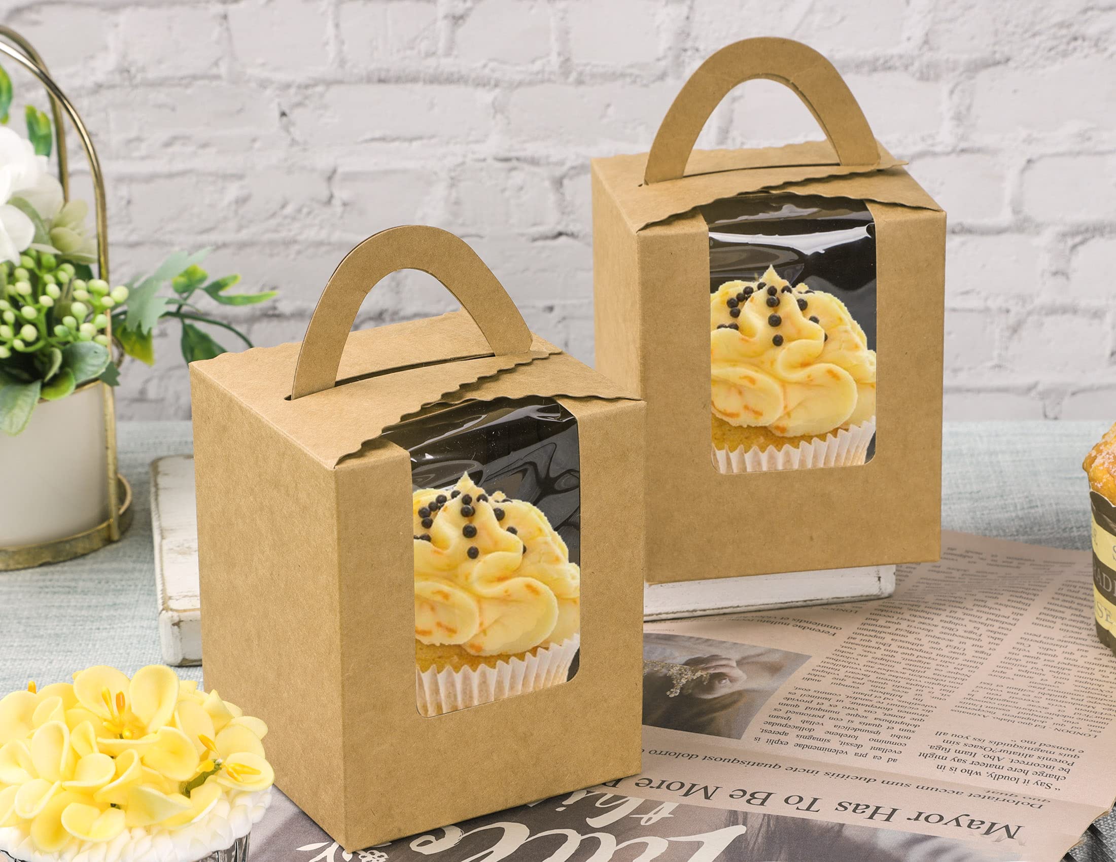 NPLUX Cupcake Boxes,60pcs Single Cupcake Carrier with Window Inserts for Bakery Wrapping(Brown)