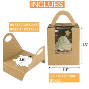 NPLUX Cupcake Boxes,60pcs Single Cupcake Carrier with Window Inserts for Bakery Wrapping(Brown)