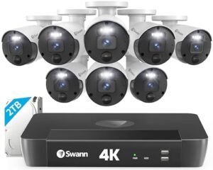 swann 4k master security camera system, 8pcs poe bullet cameras, 8ch cat5e wired nvr system with 2tb hdd, sensor spotlights, color night vision, 24/7 home surveillance, true detect, indoor/outdoor