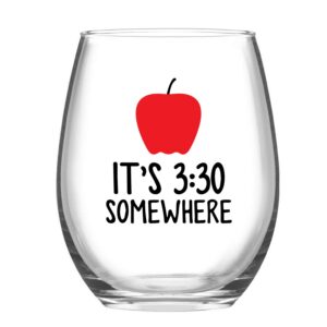 gtmileo teacher wine glass - it's 3:30 somewhere 15oz stemless wine glass - unique gifts for preschool, elementary, high school teacher, professor - teacher appreciation gift