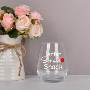 After School Snack 15Oz Stemless Wine Glass for Preschool, Elementary, High School Teacher, Professor, Teacher Appreciation Day