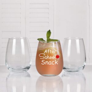 After School Snack 15Oz Stemless Wine Glass for Preschool, Elementary, High School Teacher, Professor, Teacher Appreciation Day