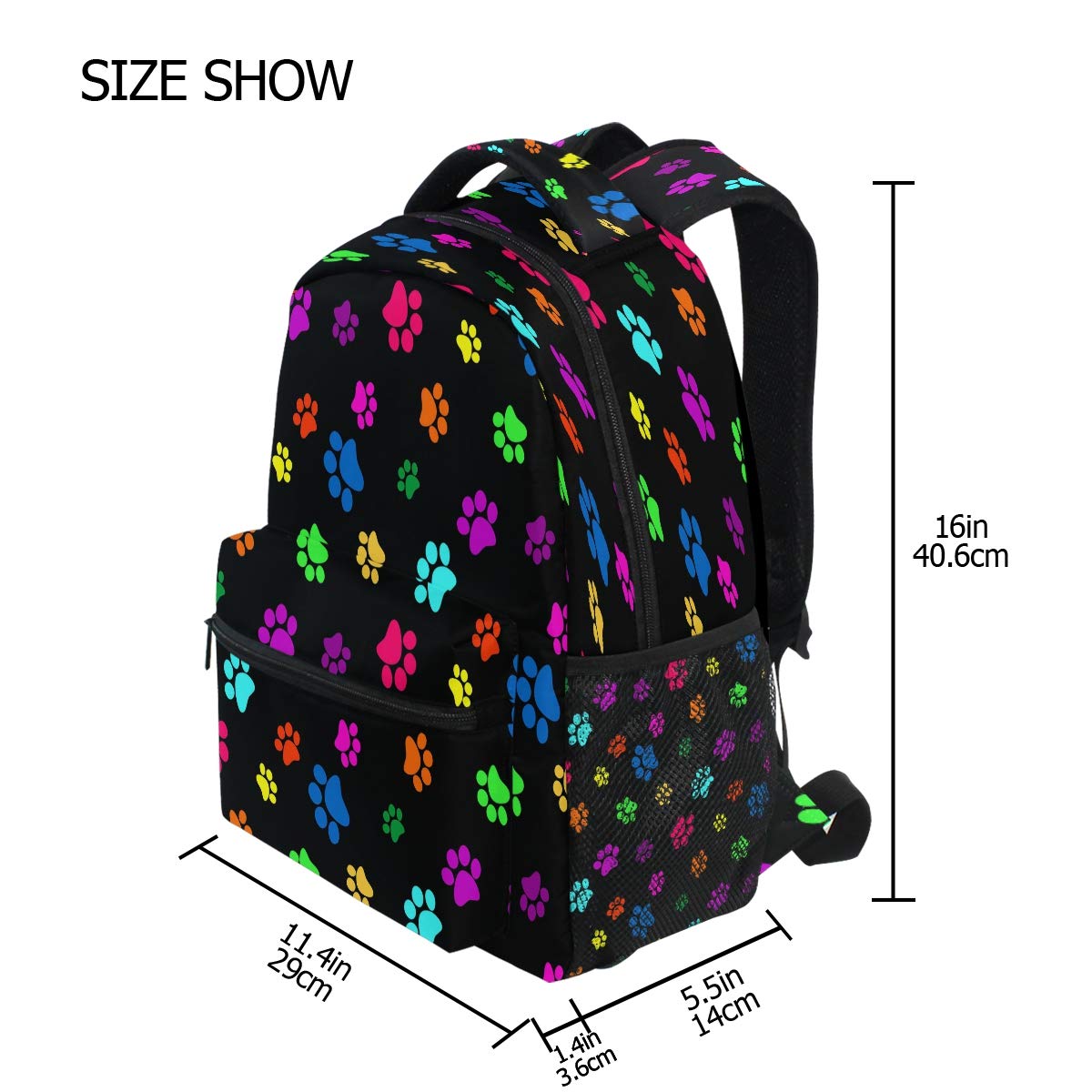 ALAZA Colorful Paw Print Black Backpack Daypack School Bag Travel Shoulder Bag for Students Boys Girls