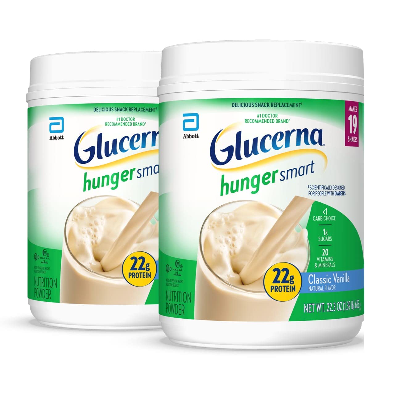 Glucerna Hunger Smart Powder, Diabetic Nutrition, Blood Sugar Management, 22g Protein, 120 Calories, Classic Vanilla, 22.3-oz tub, 2 Count