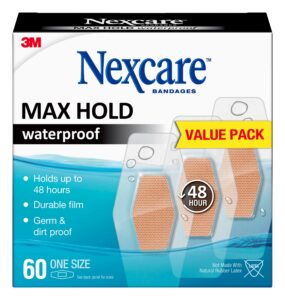 nexcare max hold waterproof bandages, stays on for 48 hours, flexible bandages for fingers, knees and heels - 60 pack clear waterproof bandages, 60 count (pack of 1)