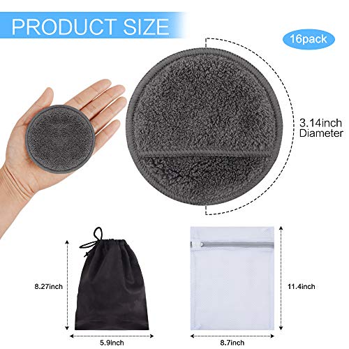 SUNLAND Reusable Makeup Remover Pads for Face,Eye,Lips 16 Pack Microfiber Face Cleansing Gloves Washable with Laundry Bag and Travel Bag Rounds Toner Pads (Round 3.15inchx16, Dark Grey)