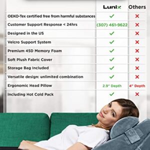 Lunix 3pcs Orthopedic Bed Wedge Pillow Set, Post Surgery Memory Foam for Back, Leg & Knee Pain Relief, Sitting Pillow, Adjustable Pillows for Acid Reflux and GERD for Sleeping, with Hot Cold Pack