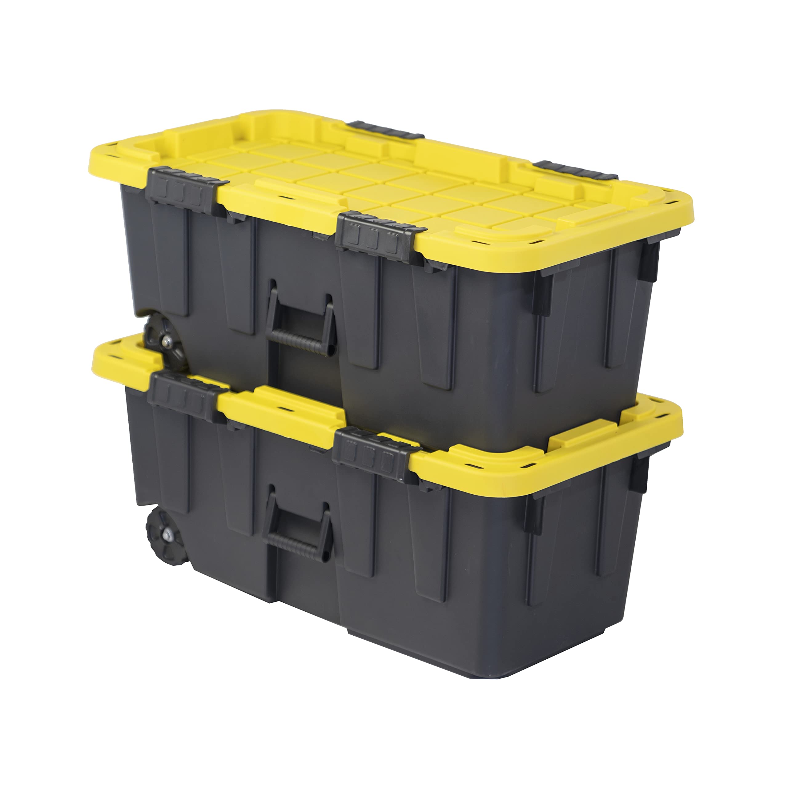 CX BLACK & YELLOW®, 20-Gallon Heavy Duty Tough Storage Footlocker & Snap-Tight Lid, (13.4”H x 18.2”W x 32.3”D), Weather-Resistant Design and Stackable Organization Tote [2 Pack]