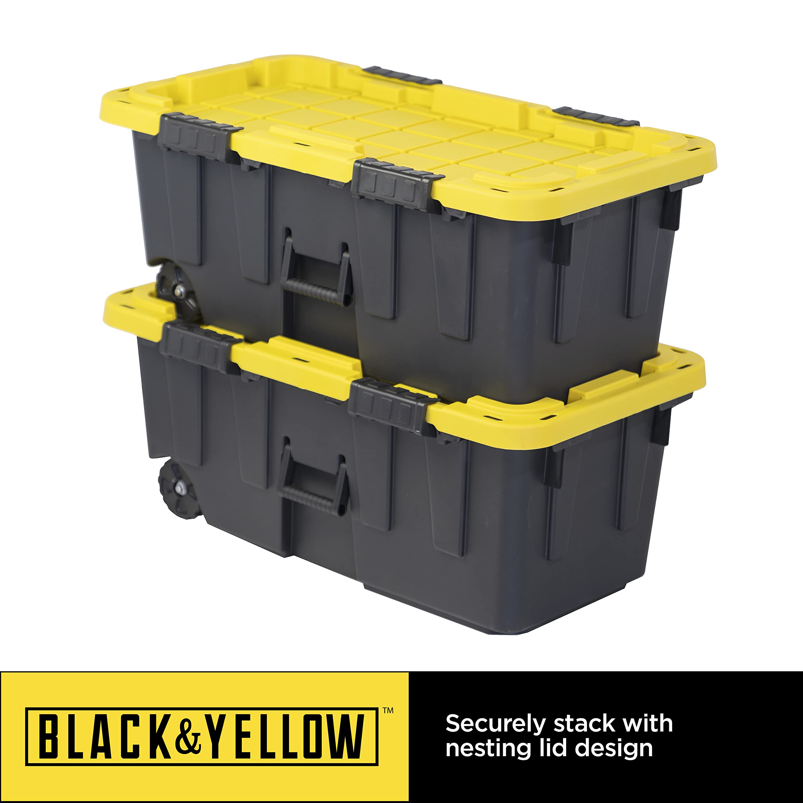 CX BLACK & YELLOW®, 20-Gallon Heavy Duty Tough Storage Footlocker & Snap-Tight Lid, (13.4”H x 18.2”W x 32.3”D), Weather-Resistant Design and Stackable Organization Tote [2 Pack]