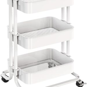 Pipishell 3 Tier Metal Rolling Utility Cart, Heavy-Duty Storage Rolling Cart with 2 Lockable Wheels, Multifunctional Mesh Organization Utility Cart for Kitchen Dining Room Living Room (White)