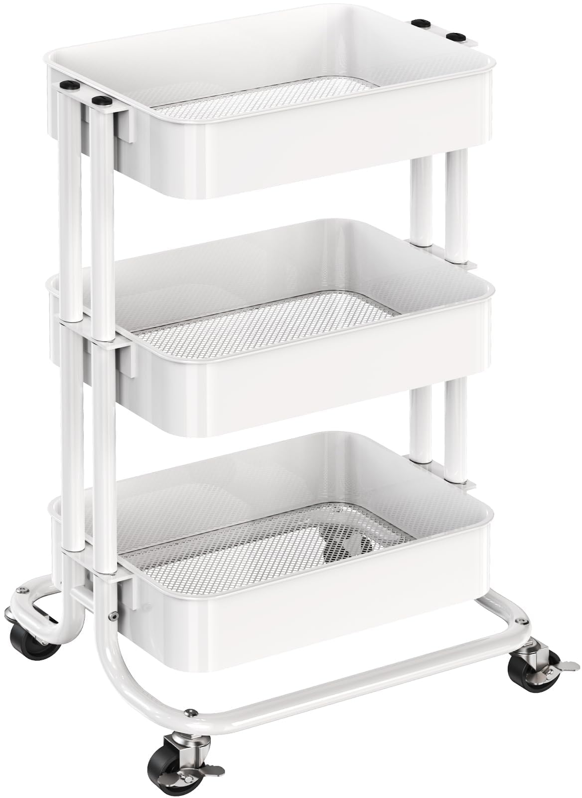 Pipishell 3 Tier Metal Rolling Utility Cart, Heavy-Duty Storage Rolling Cart with 2 Lockable Wheels, Multifunctional Mesh Organization Utility Cart for Kitchen Dining Room Living Room (White)